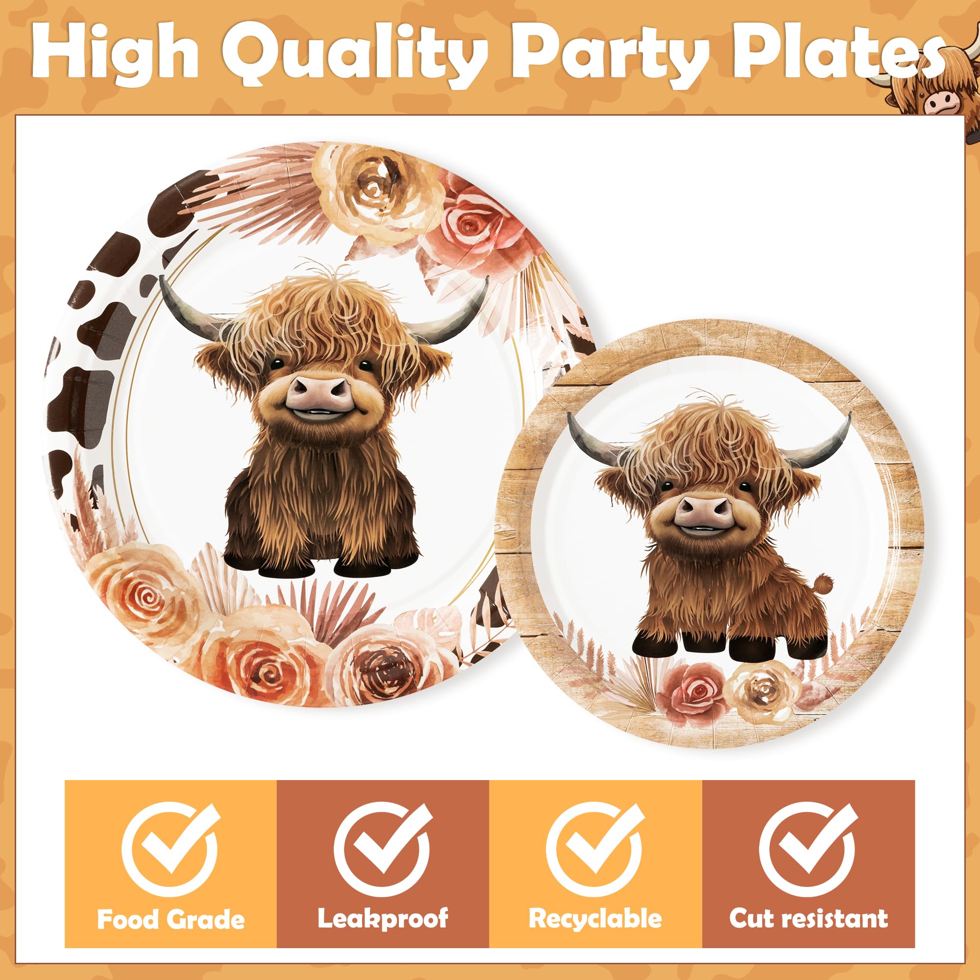 G1ngtar 96Pcs Highland Cow Party Plates Supplies Farmhouse Cow Cattle Party Tableware Decorations Farm Animal Disposable Paper Plates Napkins Forks for Kids Birthday Baby Shower, Serves 24 Guests