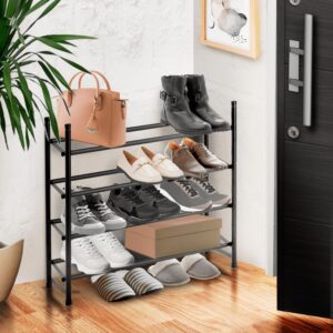 ikloo 4-Tier Shoe Rack for Closet and Entryway | Expandable and Stackable Shoes Organizer for Small Spaces | Adjustable Metal Shoe Shelf for Shoe Storage | Fit Up to 30 Pairs of Shoes | Black