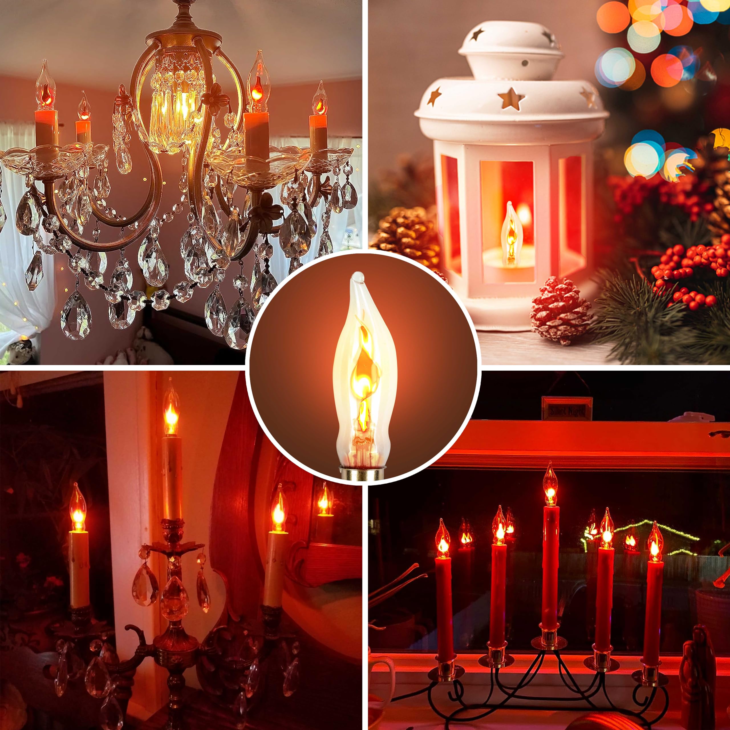 OHLGT Flicker Flame Light Bulb for Hallowwen Christmas Decorative 3 Watt, 120V, E12 Flame Candelabra Light Bulbs（2 Packs）