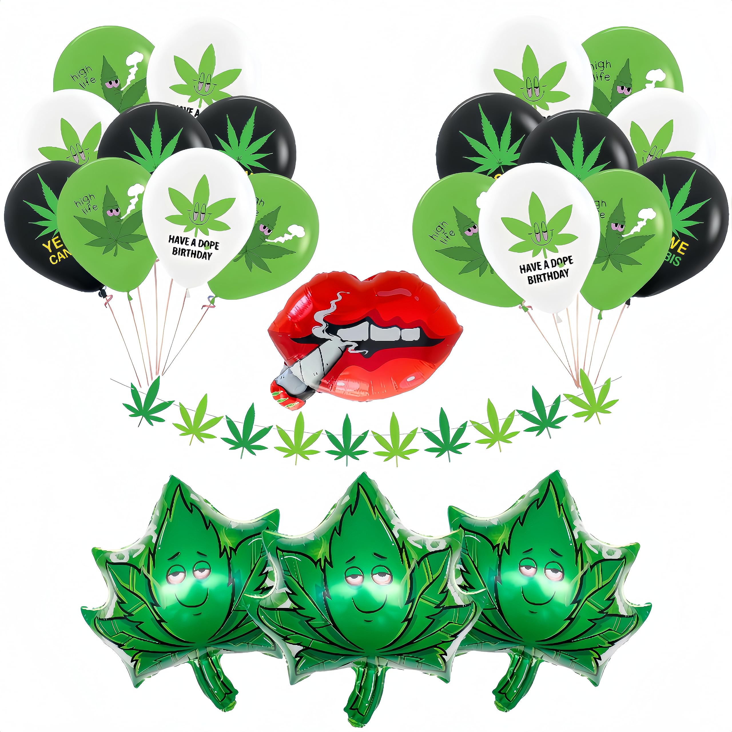 CYMYLAR 23pcs Weed Marijuana Balloons And Banner/Lip Smoking Balloons/Cannabis Birthday Themed Party/Lets Get Lit /Marijuana Theme Decorations/Weed Aluminum Balloon/Weed Balloons Party Supplies