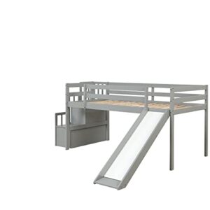 BOVZA Twin Size Low Loft Bed with Stairs and Slide, Wood Bedframe with Safety Guardrails for Kids Boys Girls, Gray