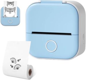 print pod sticker printer, mini pocket printer, inkless sticker printer for school, fast printing portable mini thermal printer with print paper (printing paper *1, blue)