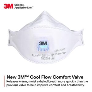 3M Aura Particulate Respirator 9211+, N95, Pack of 10 Disposable Respirators, Individually Wrapped, Cool Flow Valve, Flat Fold Design Allows for Facial Movement, NIOSH Approved, Comfort Plus, Dust