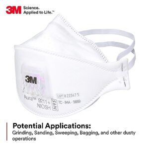 3M Aura Particulate Respirator 9211+, N95, Pack of 10 Disposable Respirators, Individually Wrapped, Cool Flow Valve, Flat Fold Design Allows for Facial Movement, NIOSH Approved, Comfort Plus, Dust