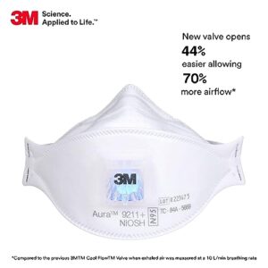 3M Aura Particulate Respirator 9211+, N95, Pack of 10 Disposable Respirators, Individually Wrapped, Cool Flow Valve, Flat Fold Design Allows for Facial Movement, NIOSH Approved, Comfort Plus, Dust