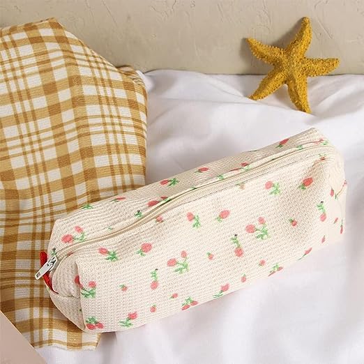 2 PCS Pink Strawberries Women Fresh Style Pencil Bag Flower Floral Canvas Large Pen Pencil Pouch Bag Pencil Case Pen Holder Coin Pouch, Simple Cosmetic Storage Bags Makeup Bag Office Stationery