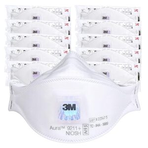 3m aura particulate respirator 9211+, n95, pack of 10 disposable respirators, individually wrapped, cool flow valve, flat fold design allows for facial movement, niosh approved, comfort plus, dust