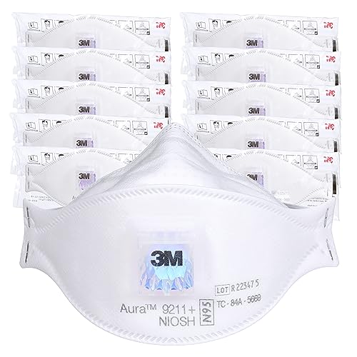 3M Aura Particulate Respirator 9211+, N95, Pack of 10 Disposable Respirators, Individually Wrapped, Cool Flow Valve, Flat Fold Design Allows for Facial Movement, NIOSH Approved, Comfort Plus, Dust