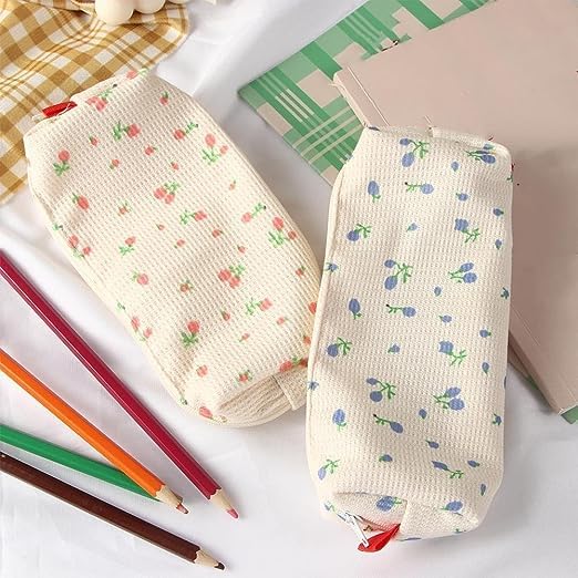 2 PCS Pink Strawberries Women Fresh Style Pencil Bag Flower Floral Canvas Large Pen Pencil Pouch Bag Pencil Case Pen Holder Coin Pouch, Simple Cosmetic Storage Bags Makeup Bag Office Stationery