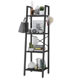 YMYNY 4 Tiers Ladder Bookcase, Industrial Narrow Bookshelf, Open Display Rack with 4 S Hooks, Metal Storage Shelves for Bedroom, Home Office, Living Room, Black, 49.2H*13.4L*11.8W, UHBC024B