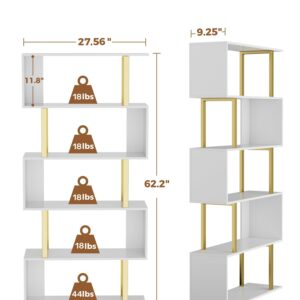 Gadroad 5 Tier Geometric Bookcase,S Shaped Bookshelf, Wood Decorative Storage Shelving, Modern Freestanding Display Shelves, Tall Book Shelf Unit for Living Room Bedroom, Gold