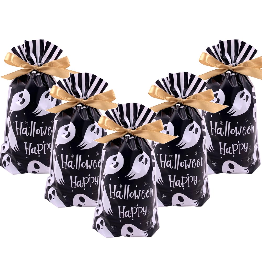 VIFOME 24 PCS Halloween Favor Bags Ghost Treat Bags Gift Bags Plastic Drawstring Bags Candy Goodies Bags Gift Wrapping Bags Halloween Party Decoration