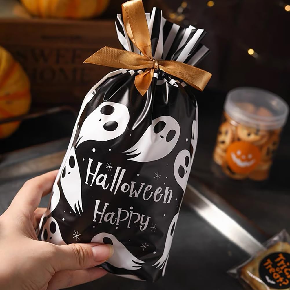 VIFOME 24 PCS Halloween Favor Bags Ghost Treat Bags Gift Bags Plastic Drawstring Bags Candy Goodies Bags Gift Wrapping Bags Halloween Party Decoration