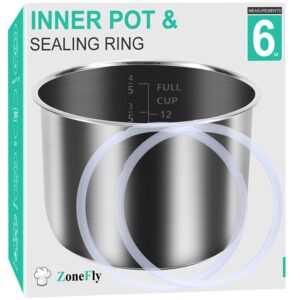 zonefly stainless steel inner pot compatible with instant pot 6 qt, original cooking pot for 6 quart instapot replacement pot, polished surface non-stick and 2 sealing rings for insta pot cooker