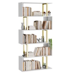 gadroad 5 tier geometric bookcase,s shaped bookshelf, wood decorative storage shelving, modern freestanding display shelves, tall book shelf unit for living room bedroom, gold