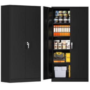 superday lockable storage cabinet, 71" garage storage cabinets with lock, black metal cabinet with 2 doors and 4 adjustable shelves for home office, classroom, bathroom, file, easy assemble