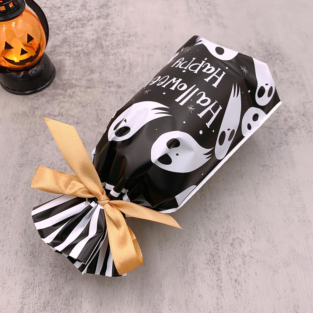 VIFOME 24 PCS Halloween Favor Bags Ghost Treat Bags Gift Bags Plastic Drawstring Bags Candy Goodies Bags Gift Wrapping Bags Halloween Party Decoration