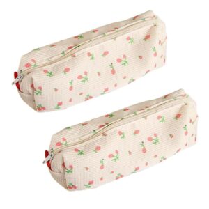 2 pcs pink strawberries women fresh style pencil bag flower floral canvas large pen pencil pouch bag pencil case pen holder coin pouch, simple cosmetic storage bags makeup bag office stationery