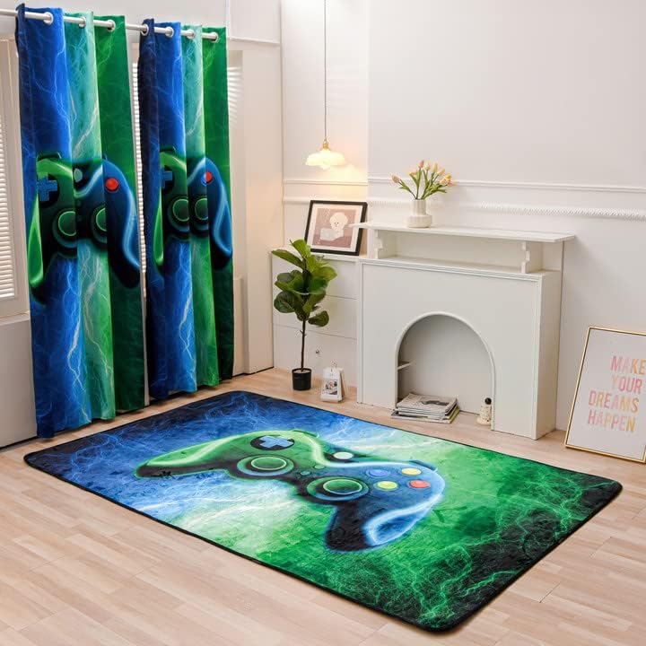 Meeting Story Gamer Gaming Area Rug Tie Dye Lightnings Gamepad Rug Games Console Action Buttons Print Carpet Indoor Floor Sofa Rugs for Kids Bedroom Living Room Game Room Decor(Blue-Green,4 * 6 Feet)