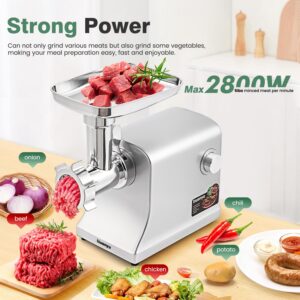 Huanyu Meat Grinder Electric 2800W Max Meat Mincer with Stainless Steel Blade&3 Plates, 3 Sausage Stuffers, Kubbe Kits Heavy Duty Food Grinding Machine for Home Kitchen & Commercial Using