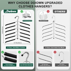 DOIOWN Clothes Hangers Space Saving - 6 Tier Coat Hangers Space Saving Hangers Non Slip Foam Padded Hangers, 2 Pack Black Metal Sweater T Shirt Hangers for Men Women, Closet Organizers and Storage