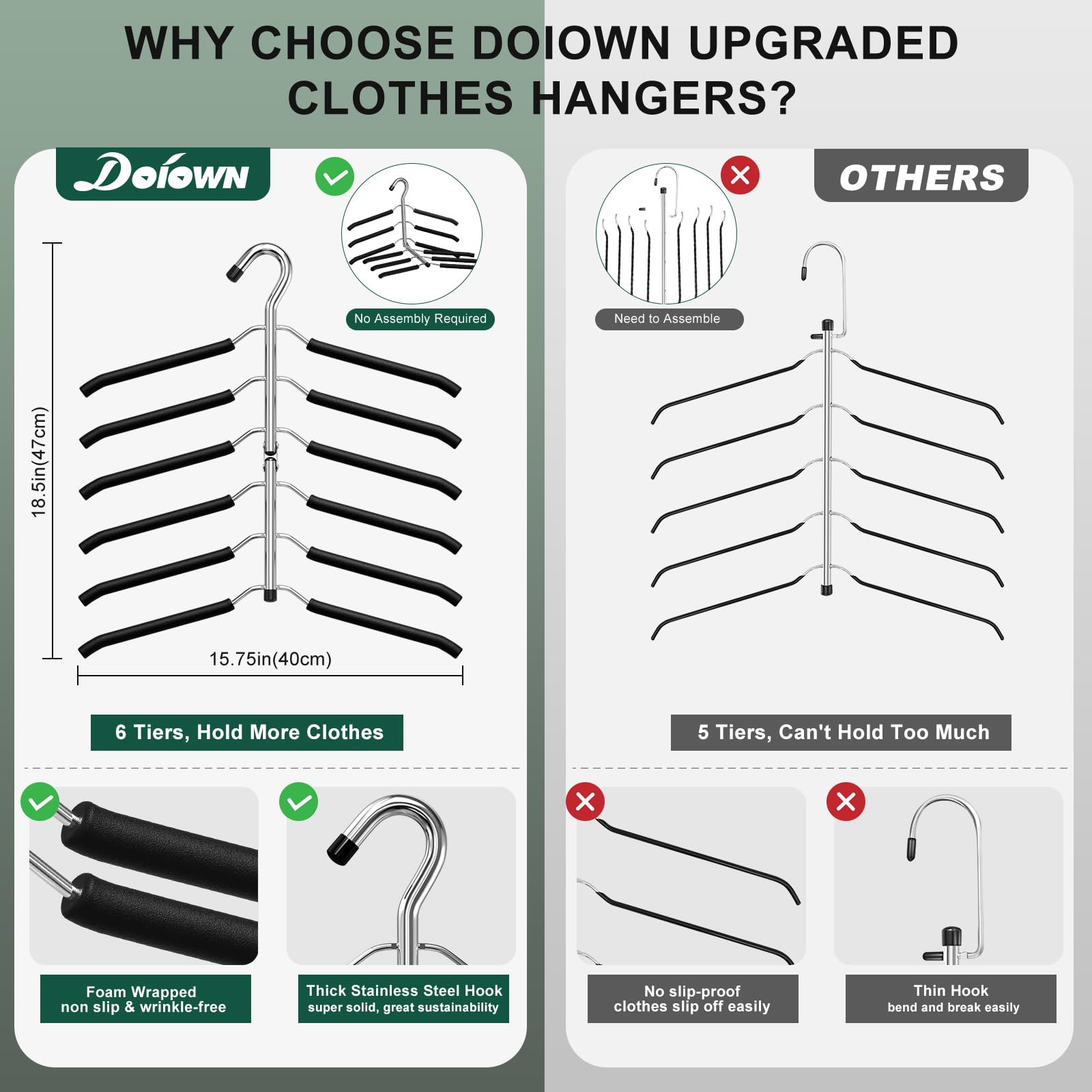 DOIOWN Clothes Hangers Space Saving - 6 Tier Coat Hangers Space Saving Hangers Non Slip Foam Padded Hangers, 2 Pack Black Metal Sweater T Shirt Hangers for Men Women, Closet Organizers and Storage