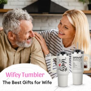 Christmas Gifts For Wife From Husband - Wife Tumbler 40Oz, Wife Gift on Birthday, Anniversary, Valentines, Present Idea for Wifey, Cool Wedding Coffee Cup with Straw and Handle, Drinking Mug for Women