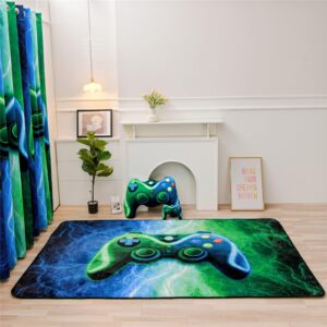 Meeting Story Gamer Gaming Area Rug Tie Dye Lightnings Gamepad Rug Games Console Action Buttons Print Carpet Indoor Floor Sofa Rugs for Kids Bedroom Living Room Game Room Decor(Blue-Green,4 * 6 Feet)