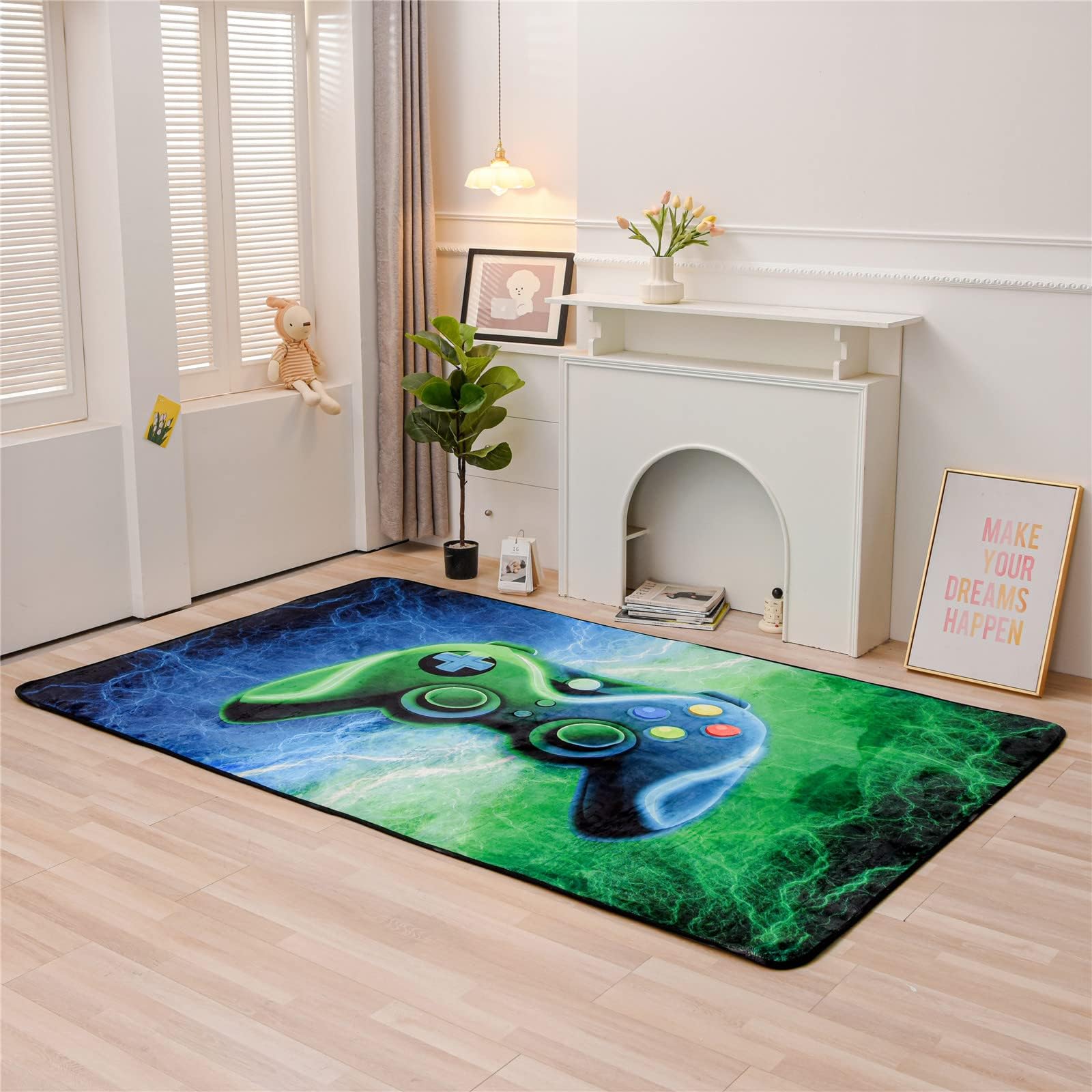 Meeting Story Gamer Gaming Area Rug Tie Dye Lightnings Gamepad Rug Games Console Action Buttons Print Carpet Indoor Floor Sofa Rugs for Kids Bedroom Living Room Game Room Decor(Blue-Green,4 * 6 Feet)