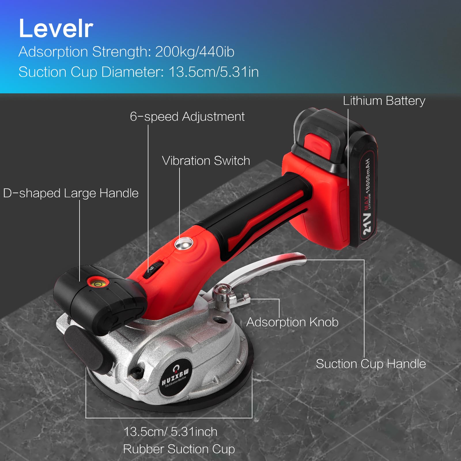 Tile Vibration Machine Tool - Upgraded and Enlarged Tile Suction Cup,6 Speed Adjustable Auto Leveling Handheld Tile Laying Machine,21V 18000mAh 18000r/min