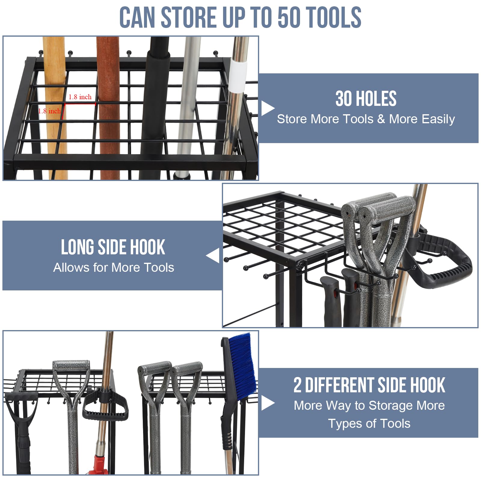 Garden Tool Organizer, Yard Tool Organizer up to 50 Tools, Garage Tool Organization and Storage, Garden Tool Storage, Yard Tool Racks, Tool Stand, Tool Holder for Garage, Shed, Outdoor, Black