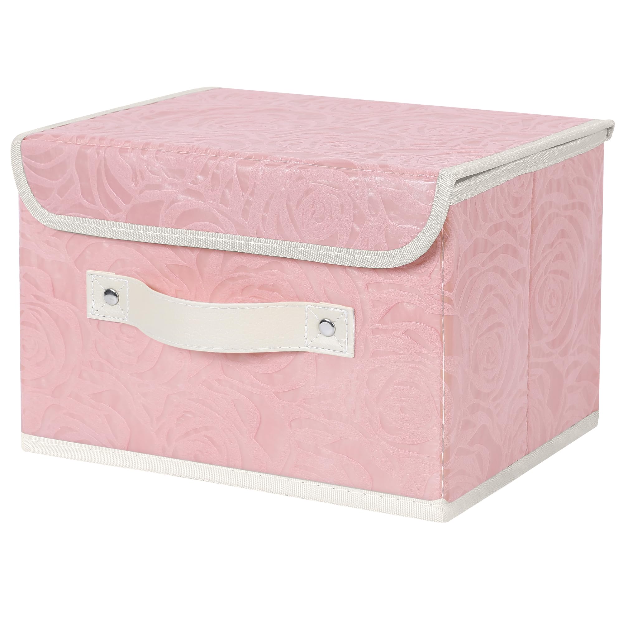 ANMINY Fabric Storage Bin with Lid Rose Print Storage Box Basket with PU Leather Handles Washable PP Plastic Board Decorative Foldable Lidded Shelf Cubes Closet Organizer Container - Pink, Small Size