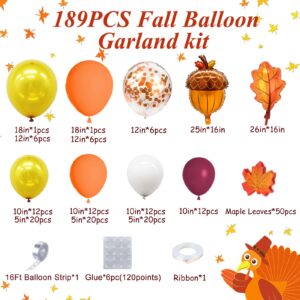 AobkDeco 189 pcs Fall Balloons Garland Arch Kit Fall Decorations Orange Burgundy White balloons for Thanksgiving Autumn Little Pumpkin Baby Shower Decorations with Fall Maple Leaves