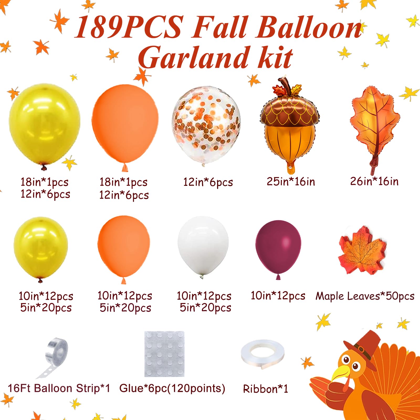 AobkDeco 189 pcs Fall Balloons Garland Arch Kit Fall Decorations Orange Burgundy White balloons for Thanksgiving Autumn Little Pumpkin Baby Shower Decorations with Fall Maple Leaves