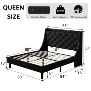 iPormis Queen Bed Frame with 16" Comfort Wingback & Charging Station,Upholstered Platform Bed with Button Tufted Storage Headboard, Solid Wood Slats Support, No Box Spring Needed, Black