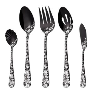 stapava serving utensils set black, 5pcs stainless steel flatware serving set with large serving spoon slotted serving spoon serving fork sugar spoon butter knife for dinner party, dishwasher safe