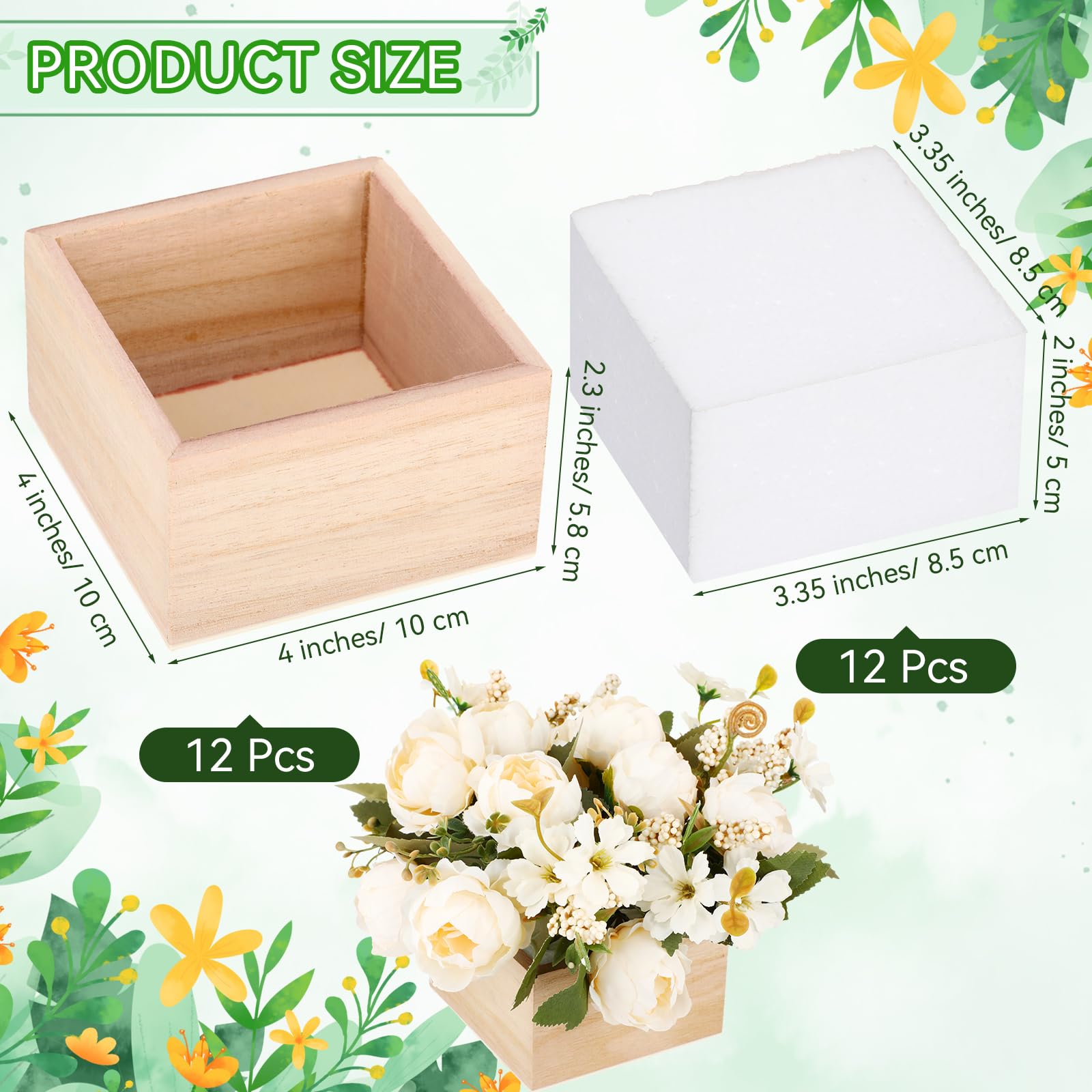 Suzile 12 Sets Square Rustic Wooden Box with Foam Blocks 4" x 4" x 2.3" Unfinished Wooden Box Small Wooden Box Organizer Container for Floral Arrangement, Home Decor, Centerpiece, Party, Craft