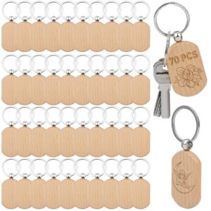 70 pcs wooden keychains, engraving blanks wooden blank keychains, wood key chain bulk, wooden key ring key tag for diy gift crafts