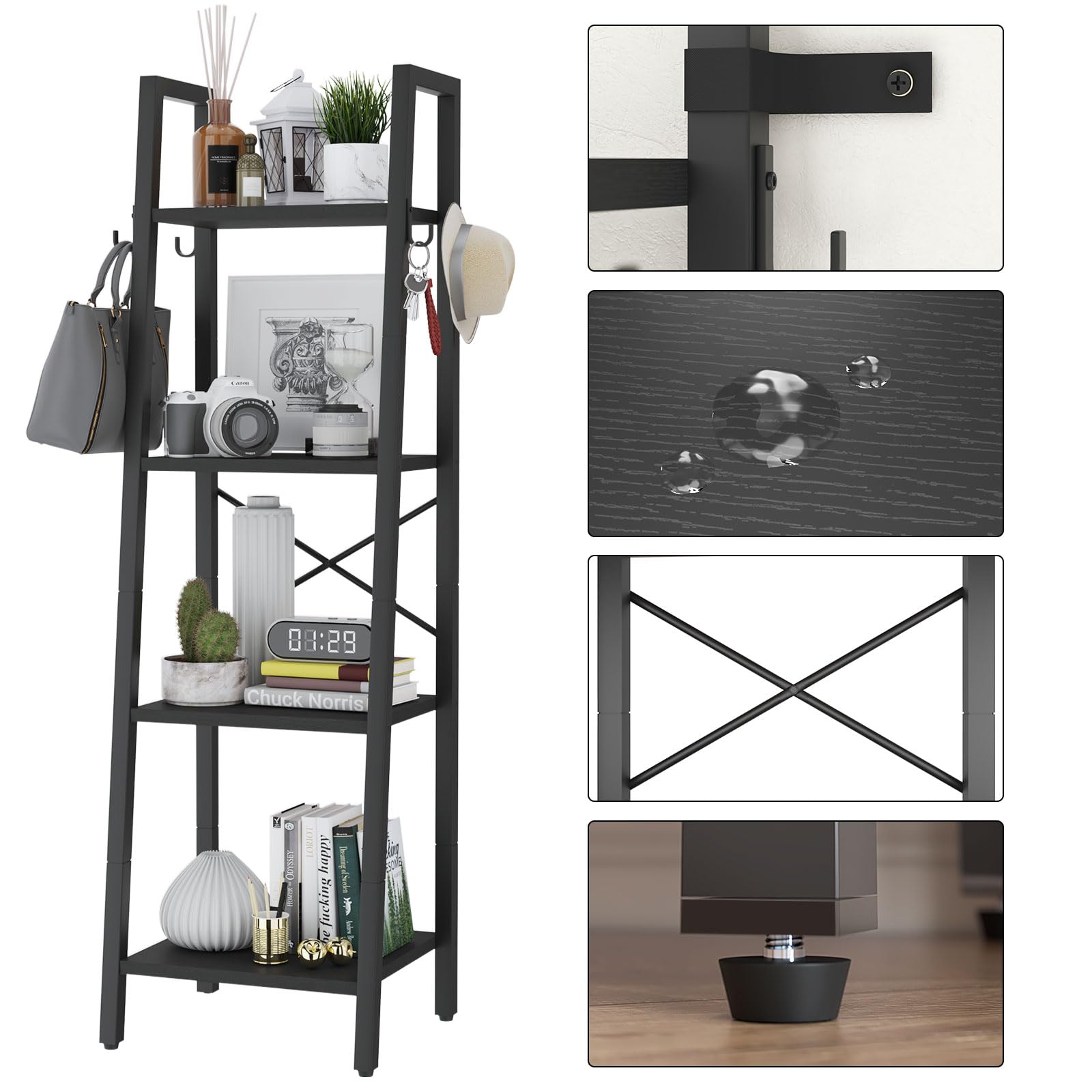 YMYNY 4 Tiers Ladder Bookcase, Industrial Narrow Bookshelf, Open Display Rack with 4 S Hooks, Metal Storage Shelves for Bedroom, Home Office, Living Room, Black, 49.2H*13.4L*11.8W, UHBC024B