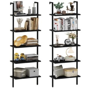 aboxoo ladder shelf 2pcs open bookshelf 5-tier wood wall-mounted black bookcase storage rack open industrial modern plant stand utility organizer bookcase metal frame furniture office kitchen bedroom