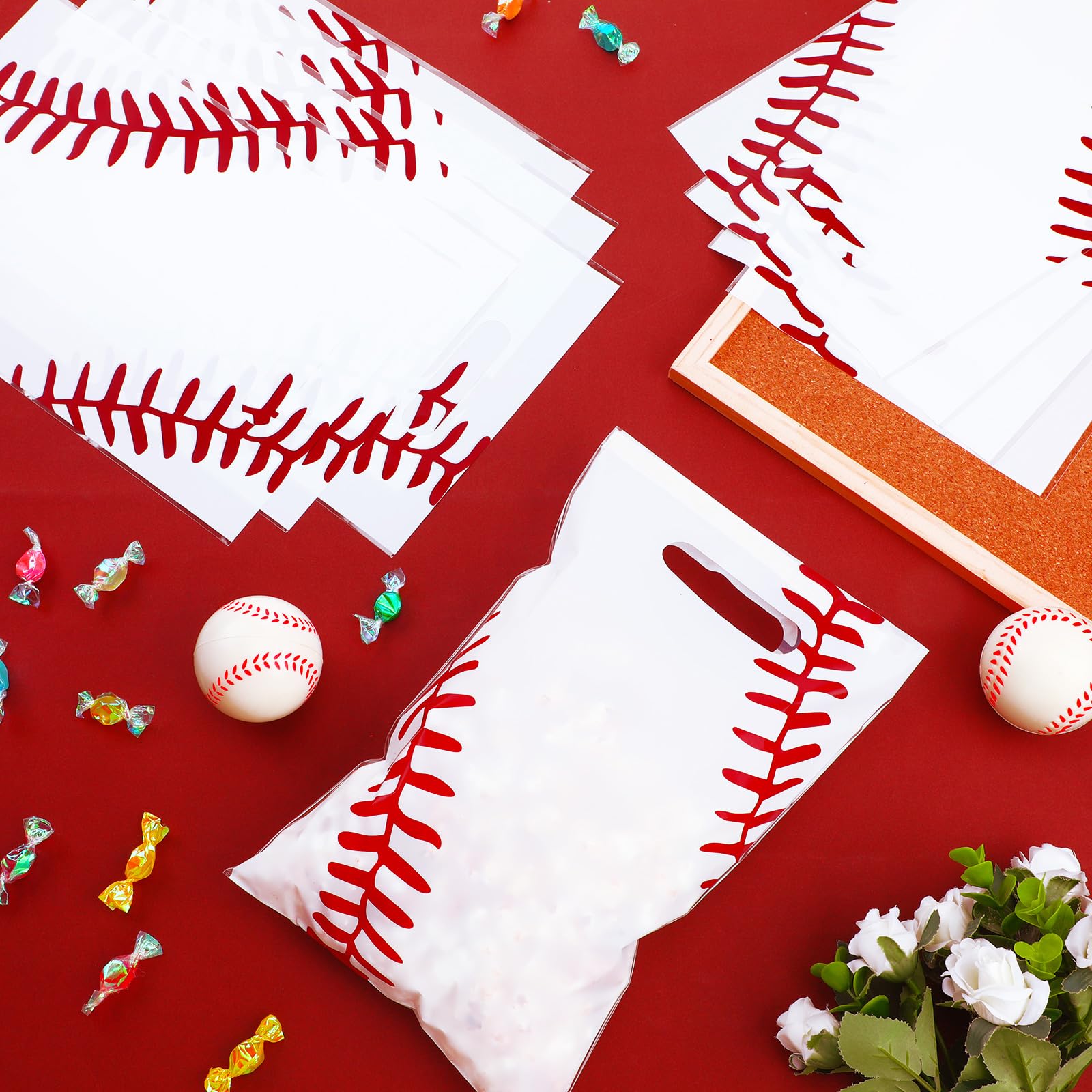 Yeaqee 50 Pieces Baseball Gift Bags with Handle Baseball Treat Bags Baseball Cellophane Bags Candy Baseball Party Favors for Team Birthday Decor Sport Themed Party Supplies, 7.87 x 11.81 Inch