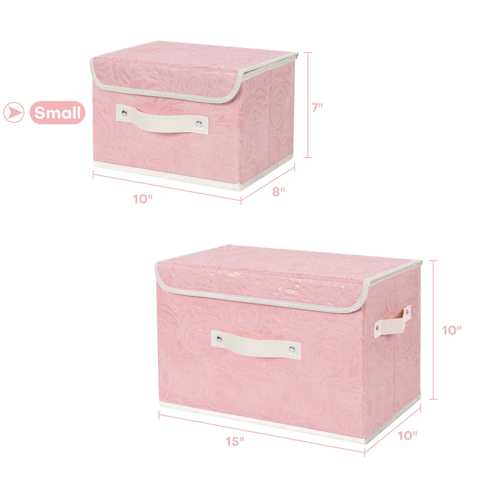 ANMINY Fabric Storage Bin with Lid Rose Print Storage Box Basket with PU Leather Handles Washable PP Plastic Board Decorative Foldable Lidded Shelf Cubes Closet Organizer Container - Pink, Small Size