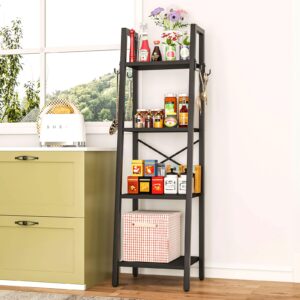 YMYNY 4 Tiers Ladder Bookcase, Industrial Narrow Bookshelf, Open Display Rack with 4 S Hooks, Metal Storage Shelves for Bedroom, Home Office, Living Room, Black, 49.2H*13.4L*11.8W, UHBC024B