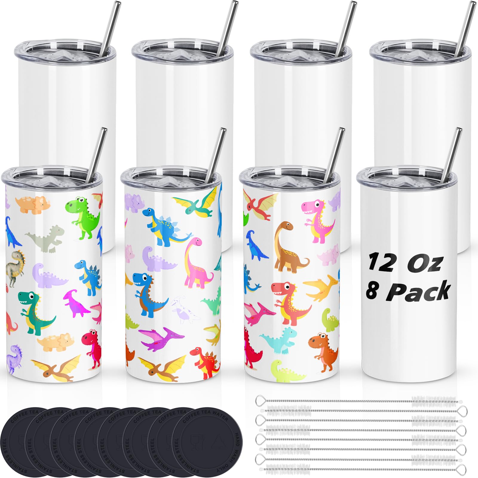 Draheri 12 Oz Sublimation Tumblers Blanks Bulk, Sublimation Cups for Kid with Straw and Brush, Stainless Steel Double Wall Insulated Sublimation Mugs, Individually Boxed (8 Pack)