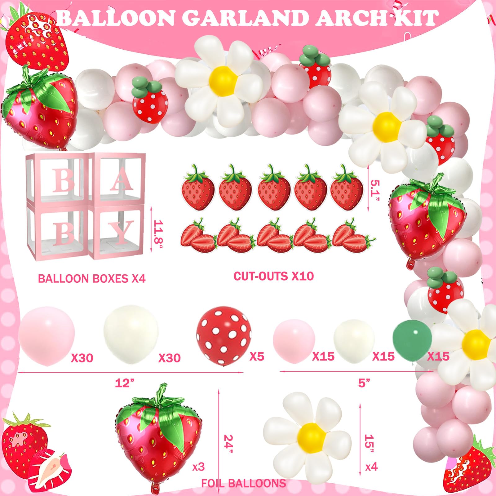 152 PCs Strawberry Baby Shower Decorations Girl, Fiesec A Berry Sweet Baby is On The Way Baby Shower Decorations Backdrop Banner Balloon Garland Tablecloth Cake Cupcake Topper Box Cutout Sash