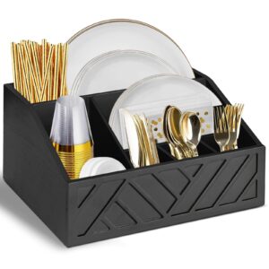 paper plate dispenser, paper plate holder for kitchen counter, wood rustic silverware utensil caddy, cutlery flatware organizer box for cups spoons forks plates napkins, kitchen accessories (black)