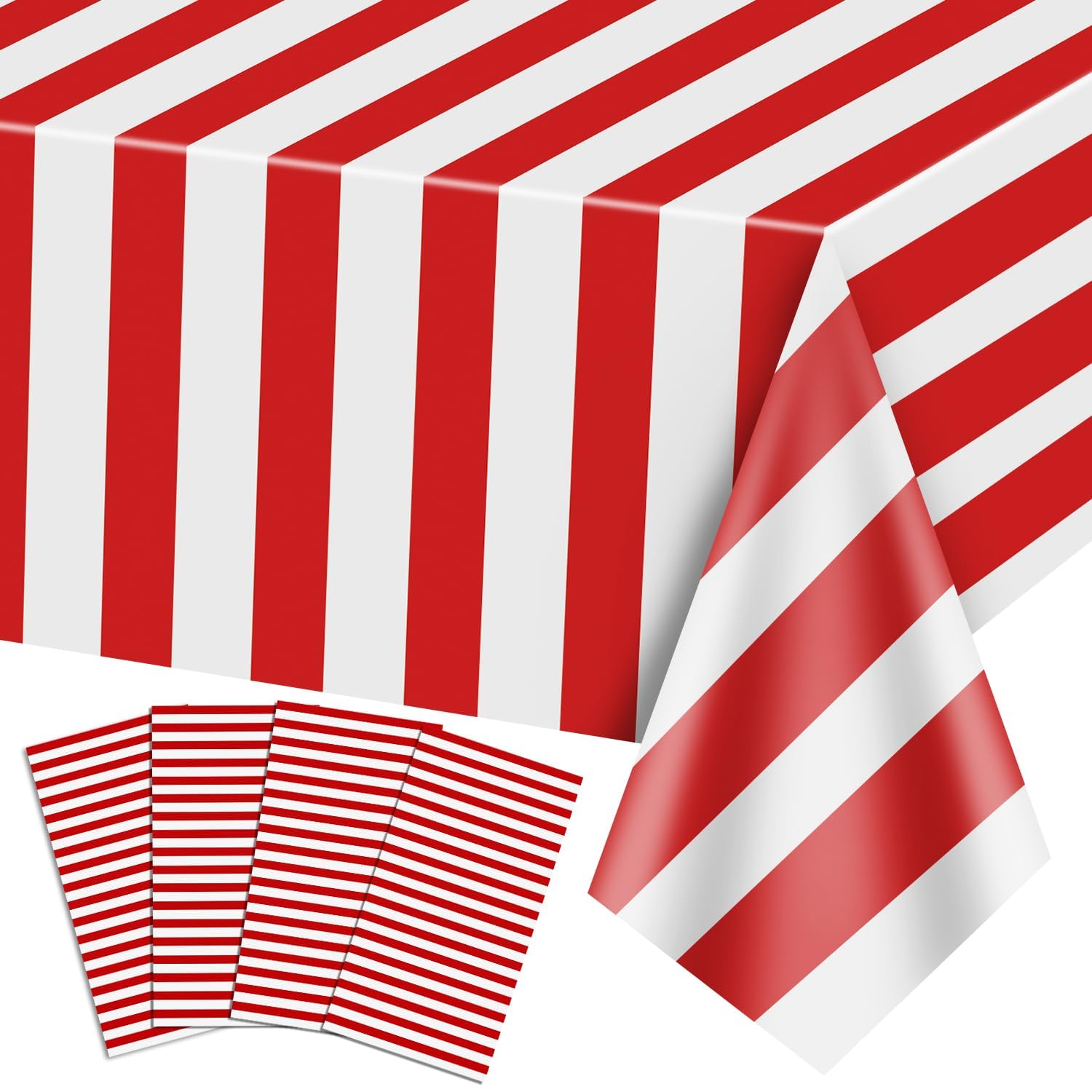 PIXHOTUL 4 Pieces Carnival Table Cloths, Red and White Stripe Tablecloths, Red Plastic Table Cover, Circus Theme Party Decorations for Carnival, Movie Night, Birthday, Christmas, Wedding, 51'' x 86''