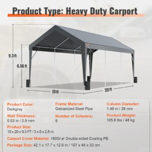 VEVOR Upgraded 10x20 ft Heavy Duty Carport Car Canopy, Car Port Garage Boat Shelter Party Tent with 8 Reinforced Poles and 4 Weight Bags, UV Resistant Waterproof Tarp for SUV, Truck, Boat