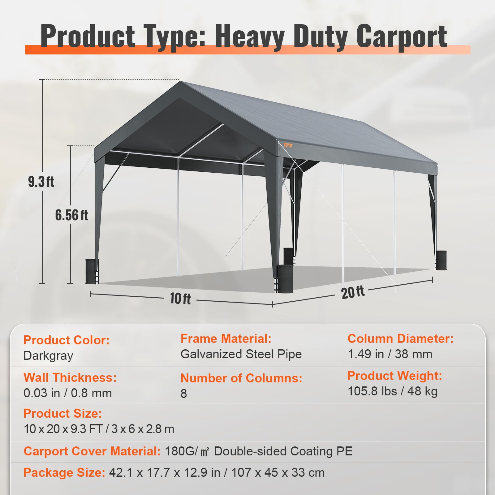 VEVOR Upgraded 10x20 ft Heavy Duty Carport Car Canopy, Car Port Garage Boat Shelter Party Tent with 8 Reinforced Poles and 4 Weight Bags, UV Resistant Waterproof Tarp for SUV, Truck, Boat