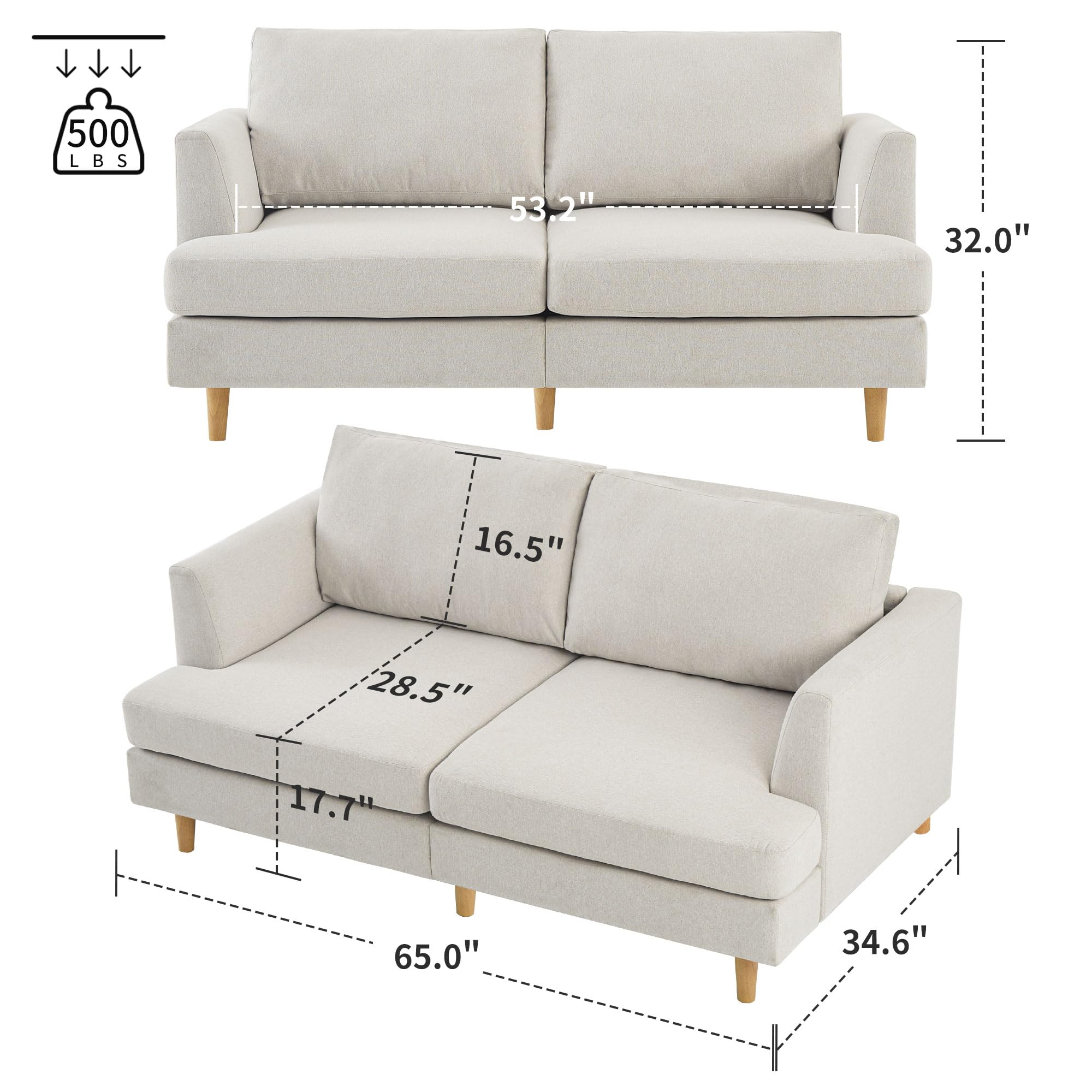 BFD Small Loveseat Sofa Couch, 65" Mid Century Modern Love Seat Couches for Living Room, Extra Deep 2-Seat Small Sofa Furniture for Small Spaces Apartment, Dorm, Office, Beige